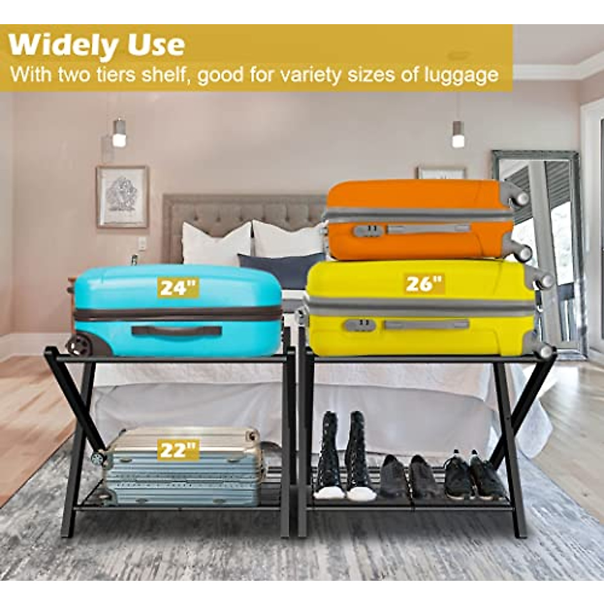 mocomax 1 Pack Folding Luggage Rack for Guest Room, Foldable Suitcase Stand Holder with Metal Storage Shelf for Bedroom, Living Room, Hotel Essentials, Heavy Duty Steel Frame, Black