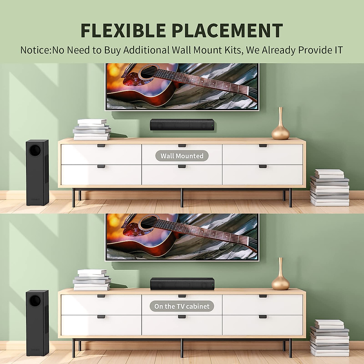 120W Sound Bar for TV, Tiny Soundbars with Wireless Subwoofer, 2.1 CH Home Theater Speakers System with Bluetooth 5.0 Optical RCA AUX , Wall Mountable