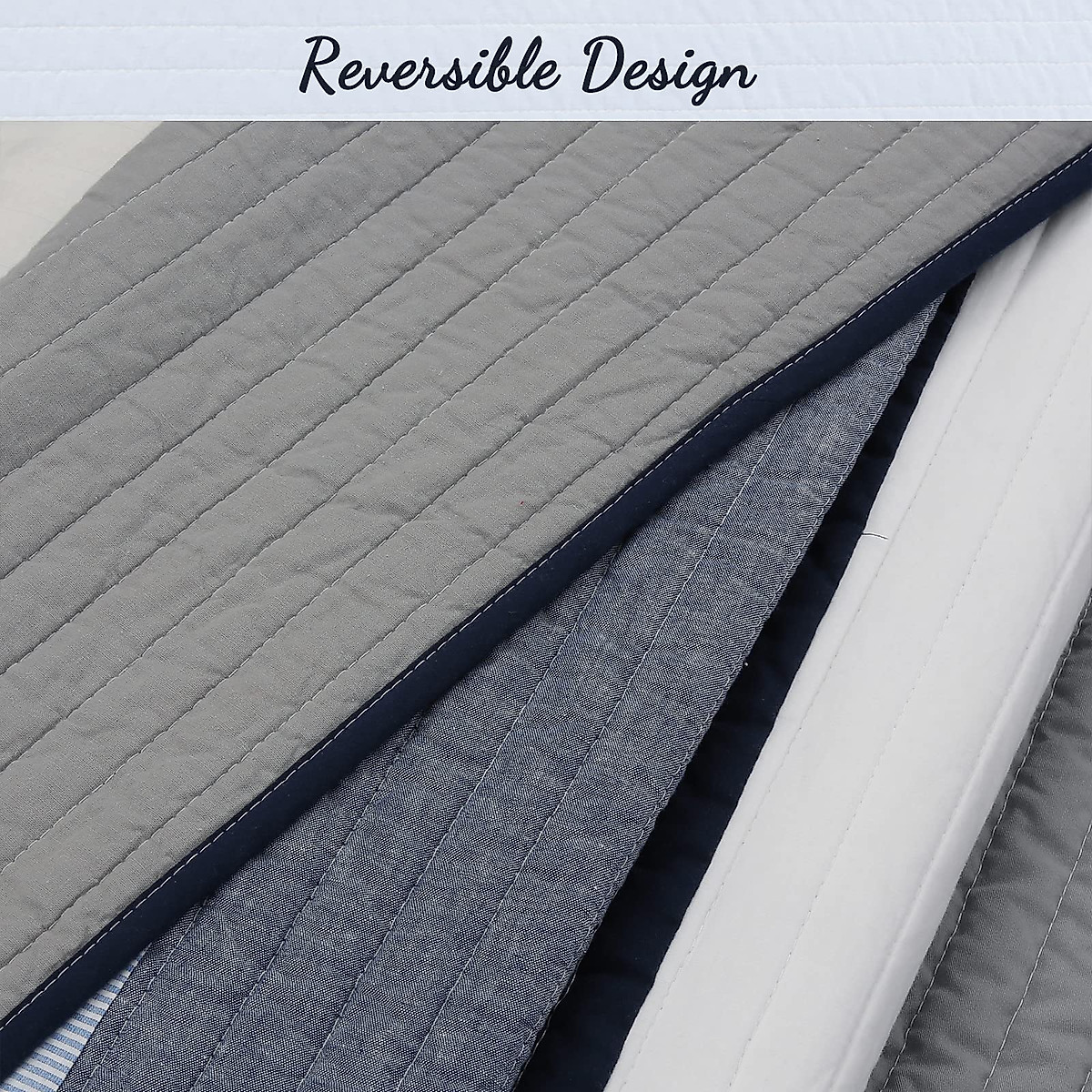 Cozy Line Home Fashions Tranquil Blue Gray Striped Boy 100% Cotton Reversible Quilt Bedding Set, All-Season Coverlet, Bedspread (Rendon, Queen - 3 Piece)