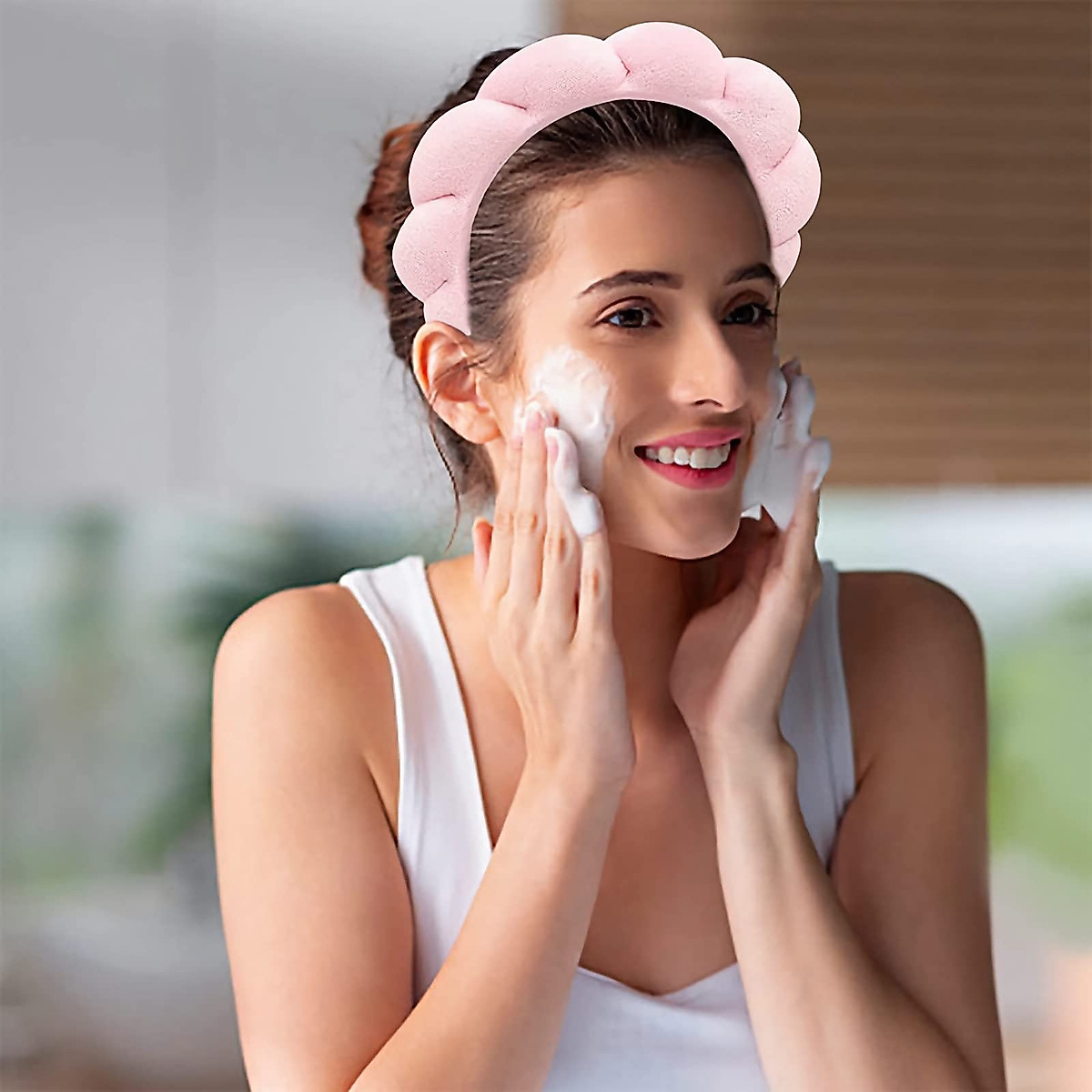 VNIHTT Bubble Makeup Headband for Washing Face Cute Pink Towel Sponge Spa Skincare Headbands Soft Fluffy Hairband for Women Girls with Wrist Towels for Wash Face and Make Up Powder Puff