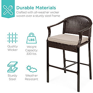 Best Choice Products 3-Piece Patio Bar Table Set, Outdoor Wicker Bar Height Bistro Furniture for Backyard, Poolside, Balcony w/Barstools, Cushions, Steel Frame – Brown/Beige