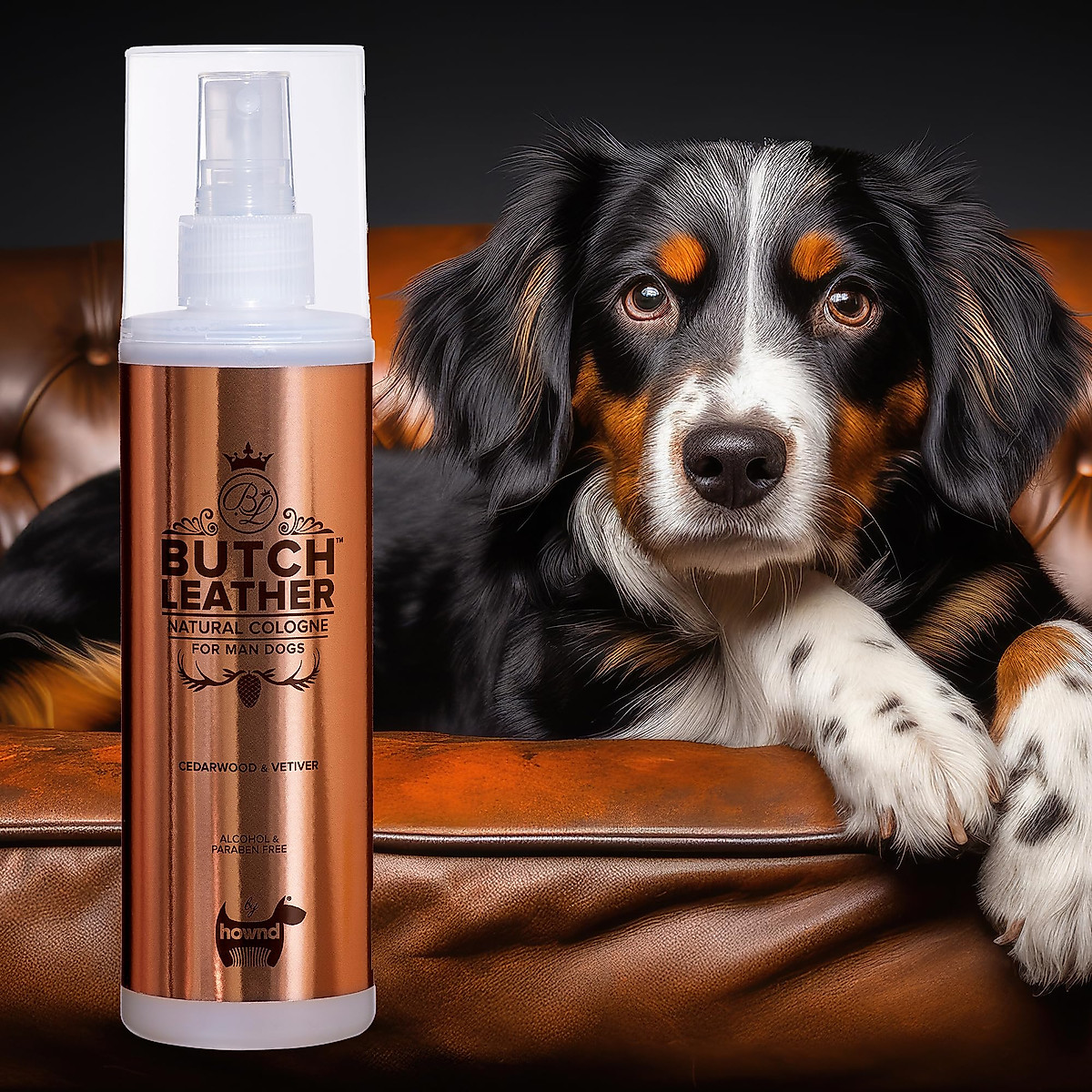 hownd Butch Leather Natural Cologne Deodorizer & Shine Spray For Dogs, Long Lasting, Cedarwood & Vetiver - Freshen Up Between Baths, No Alcohol, Parabens, Soap or Dyes 8.5oz