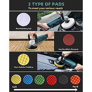GEVEELIFE Buffer Polisher, 1600W 7 Inch/6 Inch Polisher, 7 Variable Speed 1000-3500 RPM Car Buffer Polisher Waxer with Adjustable Grip, Detachable Handle for Car, Boat Sanding, Polishing, Waxing