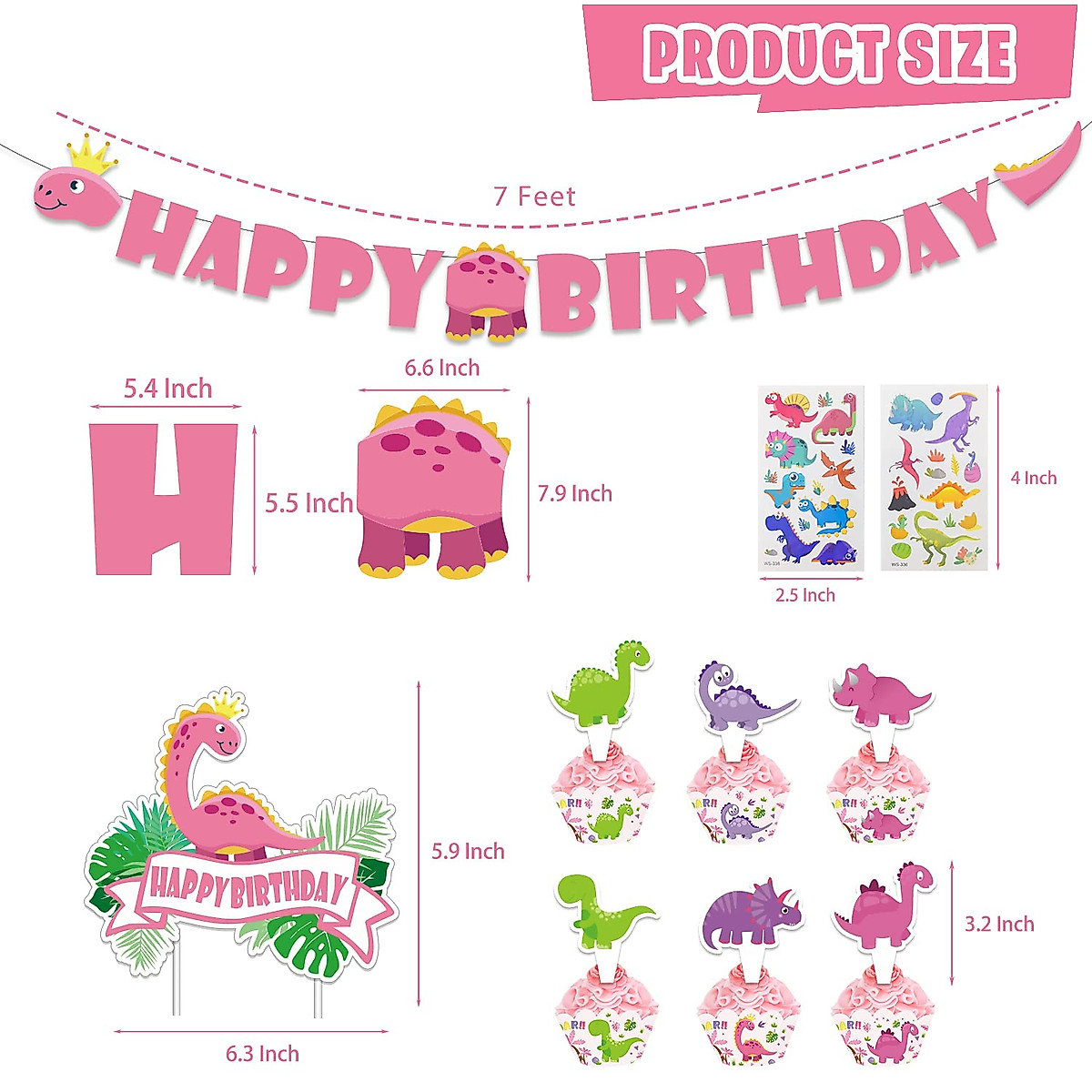 Mpanwen Girl Dinosaur Birthday Party Supplies, Pink Dinosaur Dino Party Decorations for Girls Baby - Backdrop, Banner, Cake, Cupcake Toppers, Cupcakes Wrappers, Balloons and Tablecloth