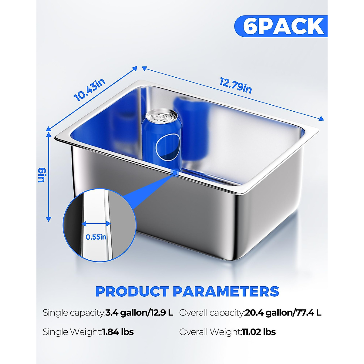 WantJoin 1/2 Half Size Steam Table Pans, 6-Pack 6 Inch Deep Restaurant Steam Table Pans Commercial, Hotel Pan Made of 201 Gauge Stainless Steel