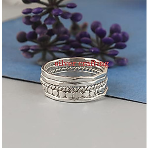 Set Of Five Mixed Stacking Sterling Silver Ring Modern Handmade Stacking Set Beaded Twisted Hammered Ring Jewellery Gift (10.5)