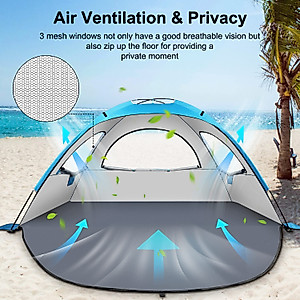 YITGOG Beach Tent Sun Shelter for 3-4/5-6Person, Lightweight Beach Tent with UV Protection, 3 Mesh Roll Up Windows & 8.0mm Fiberglass, Easy Assemble (Sky Blue, 3-4 Person)