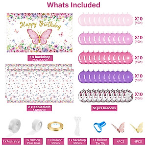 Pink and Purple Butterfly Party Decorations Include Pink Purple Balloon Arch Kit Butterfly Happy Birthday Photography Backdrop Banner Tablecloth for Girls Women Birthday Party Supplies Decor