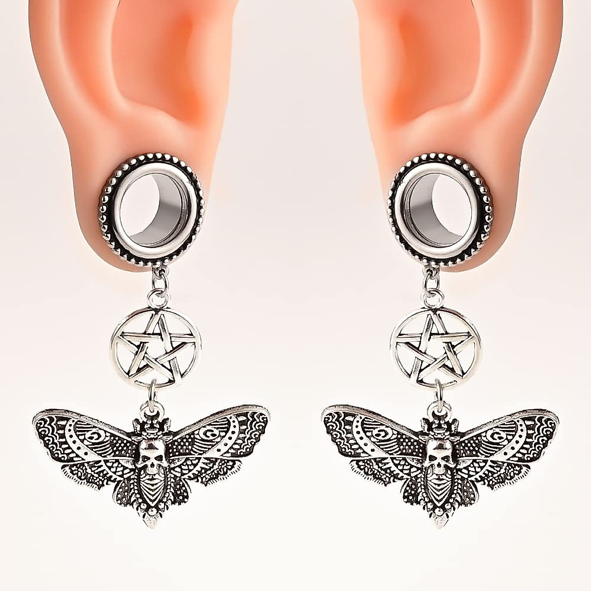 Atomhole 2 PCS Ear Gauges Cool Butterfly Dangle Hypoallergenic Stainless Steel Dangle Ear Plugs Tunnels Gauges Stretcher Pair Selling 2g 0g Piercing Body Jewelry (8mm(0G), Silver)