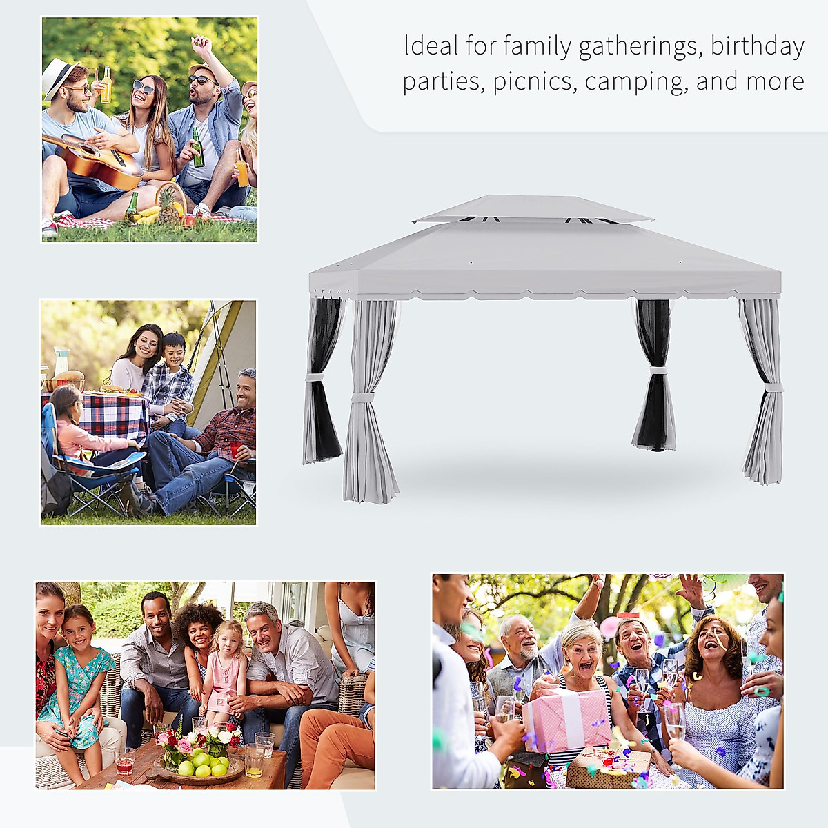 Outsunny 10' x 13' Patio Gazebo, Outdoor Gazebo Canopy Shelter with Netting and Curtains, Aluminum Frame for Garden, Lawn, Backyard and Deck, Light Gray