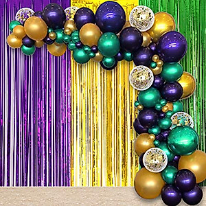 110 Pack Mardi Gras Balloons Party Decorations Purple Green Gold Balloon Garland Arch Kit Fringe Curtains for Mardi Gras Birthday Baby Shower Decorations Supplies