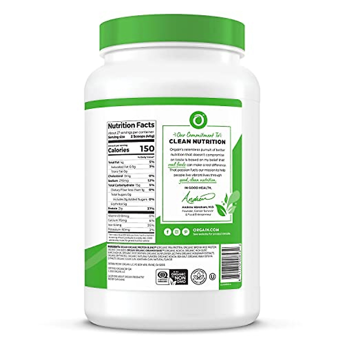Orgain Organic Plant Based Protein Powder, Vanilla Bean, 2.74 lb