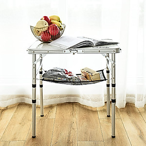 YUFIFAIRY Small Folding Table with Mesh Layer, 3 Adjustable Heights Aluminum Lightweight Portable Folding Table with Extension Legs, Camping Table for RV, Picnic and Indoor