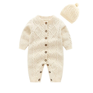 JunNeng Baby Newborn Cotton Knitted Sweater Romper Longsleeve Outfit with Warm Hat Set,Beige,3-6 Months