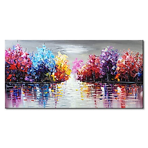 Hand Painted Lake Landscape Canvas Wall Art with Colorful Tree Thick Texture Oil Painting Abstract Artwork (48 x 24 inch)