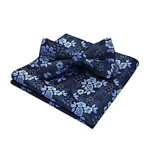 HISDERN Bow Ties for Men Blue Bow Tie Pre-tied Black Paisley Bow Ties and Pocket Square Set Formal Men's Floral Bowtie Classic Bowties for Wedding Party