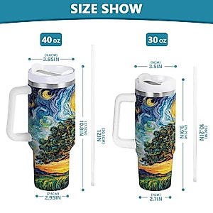 RPLIFE Starry Night Beautiful Tree Blue Coffee Tumbler with Handle, Stainless Steel Coffee Tumbler, Drinking Cups with Lids and Straws
