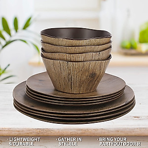 FELOVUWON Melamine Dinnerware Set 12pcs Dinner Plates and Bowls Sets for 4 Dishwasher Safe Camping Dishes Set Unbreakable Salad Plates for Casual Indoor Outdoor Dining Party RV Camping (Wood Grain)