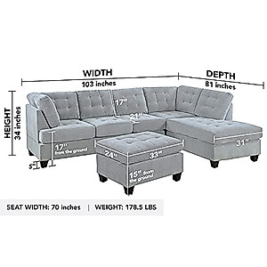 Casa Andrea Milano 3 Piece Modern Tufted Micro Suede L Shaped Sectional Sofa Couch with Reversible Chaise & Ottoman