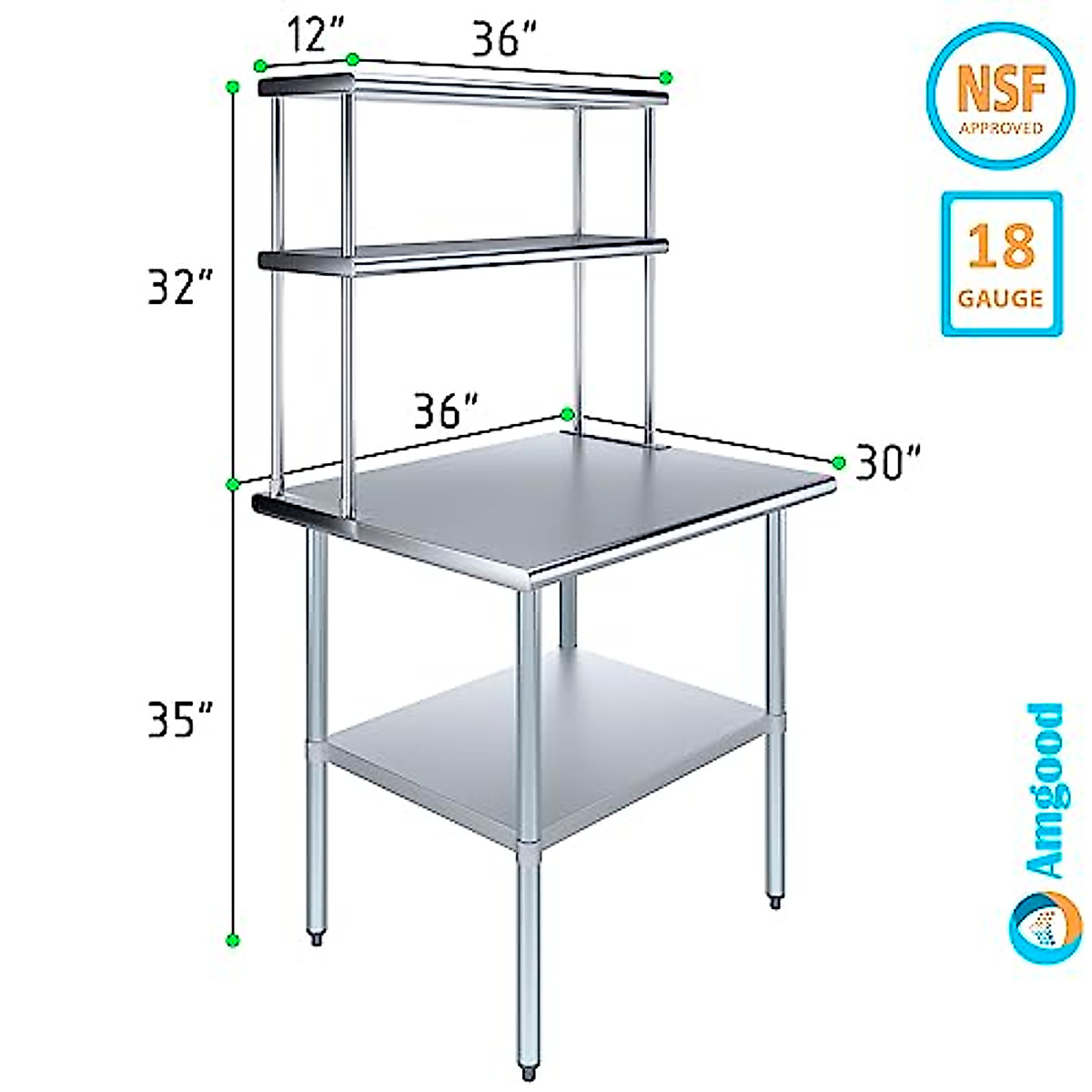 30" x 36" Stainless Steel Work Table with 12" Wide Double Tier Overshelf | Metal Kitchen Prep Table & Shelving Combo