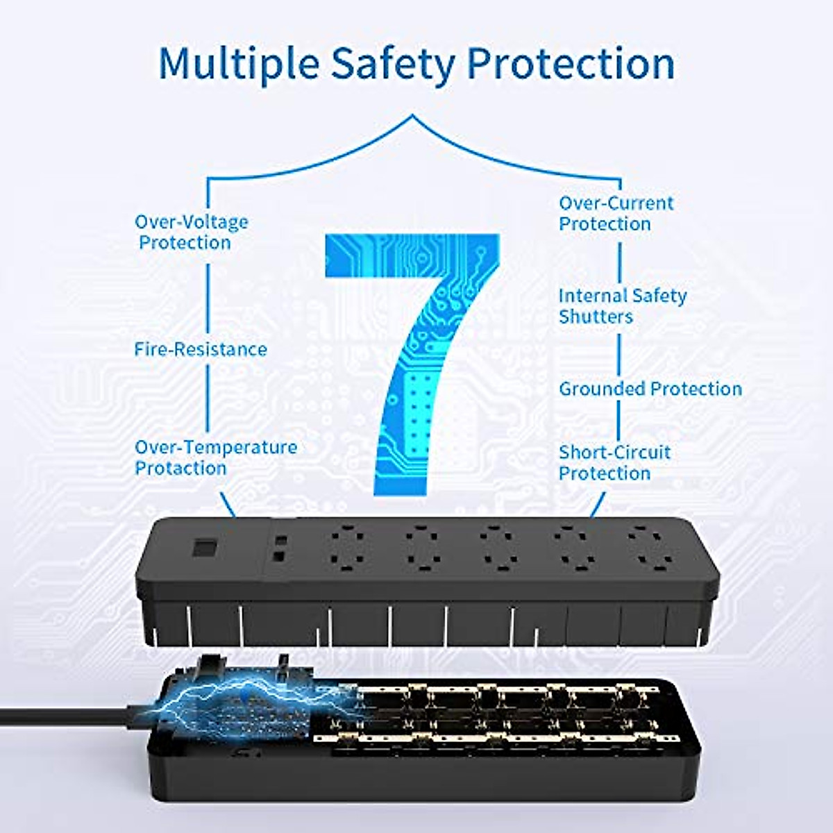 Flat Plug Extension Cord 25 Ft, NTONPOWER 10 Widely Spaced Outlets Power Strip Surge Protector with 2 USB, Overload Protection, 1080 Joules, Wall Mountable for Indoor, Home Office and Workbench Black