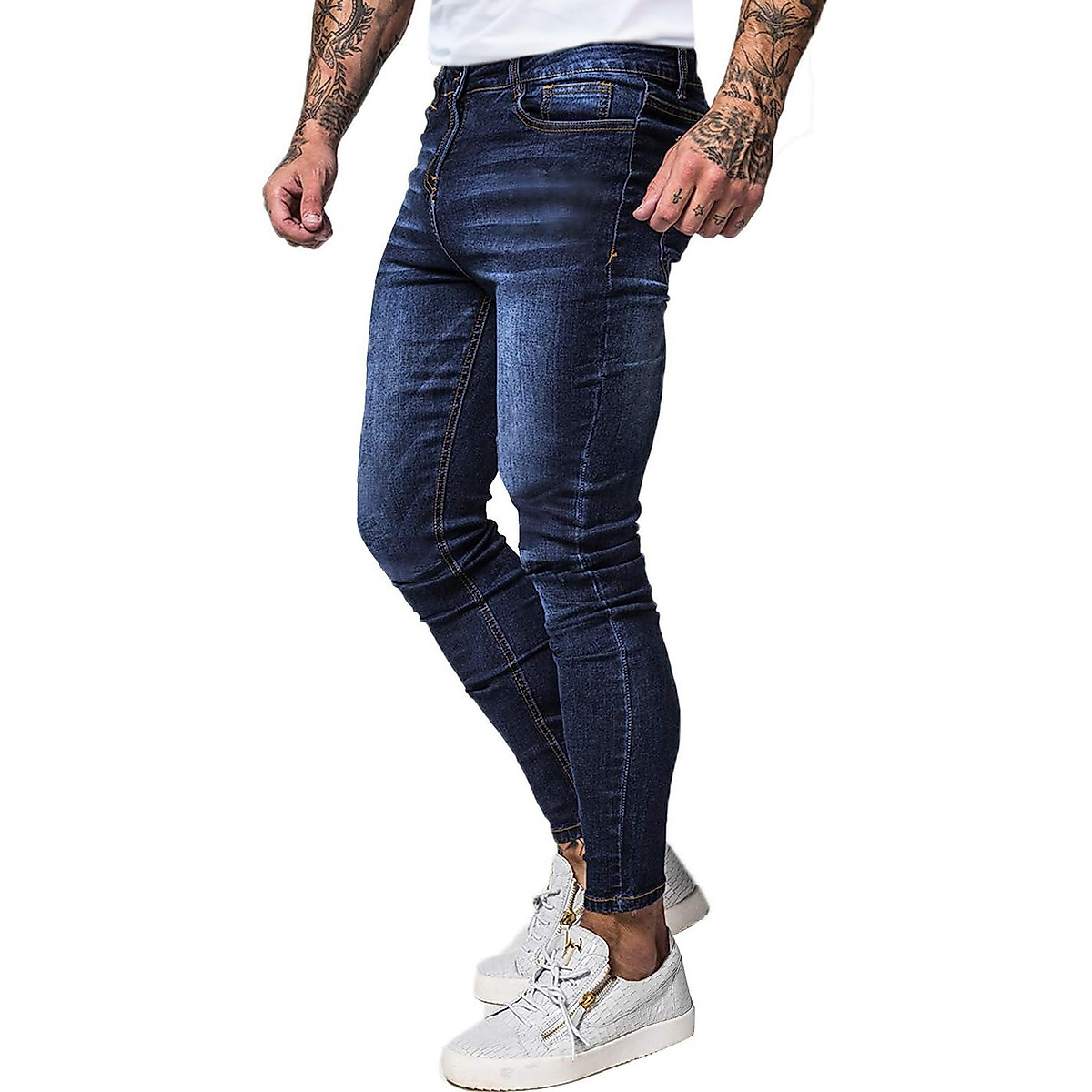 GINGTTO Skinny Jeans for Men Slim FIt Stretch Elastic Waist Mens Pant High Rise 32x30 Dark Blue