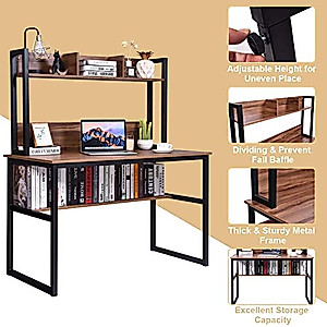 Tangkula Computer Desk with Hutch, Home Office Desk Study Writing Desk with Storage Bookshelves, Space Saving Computer Workstation for Home Office (Light Walnut)