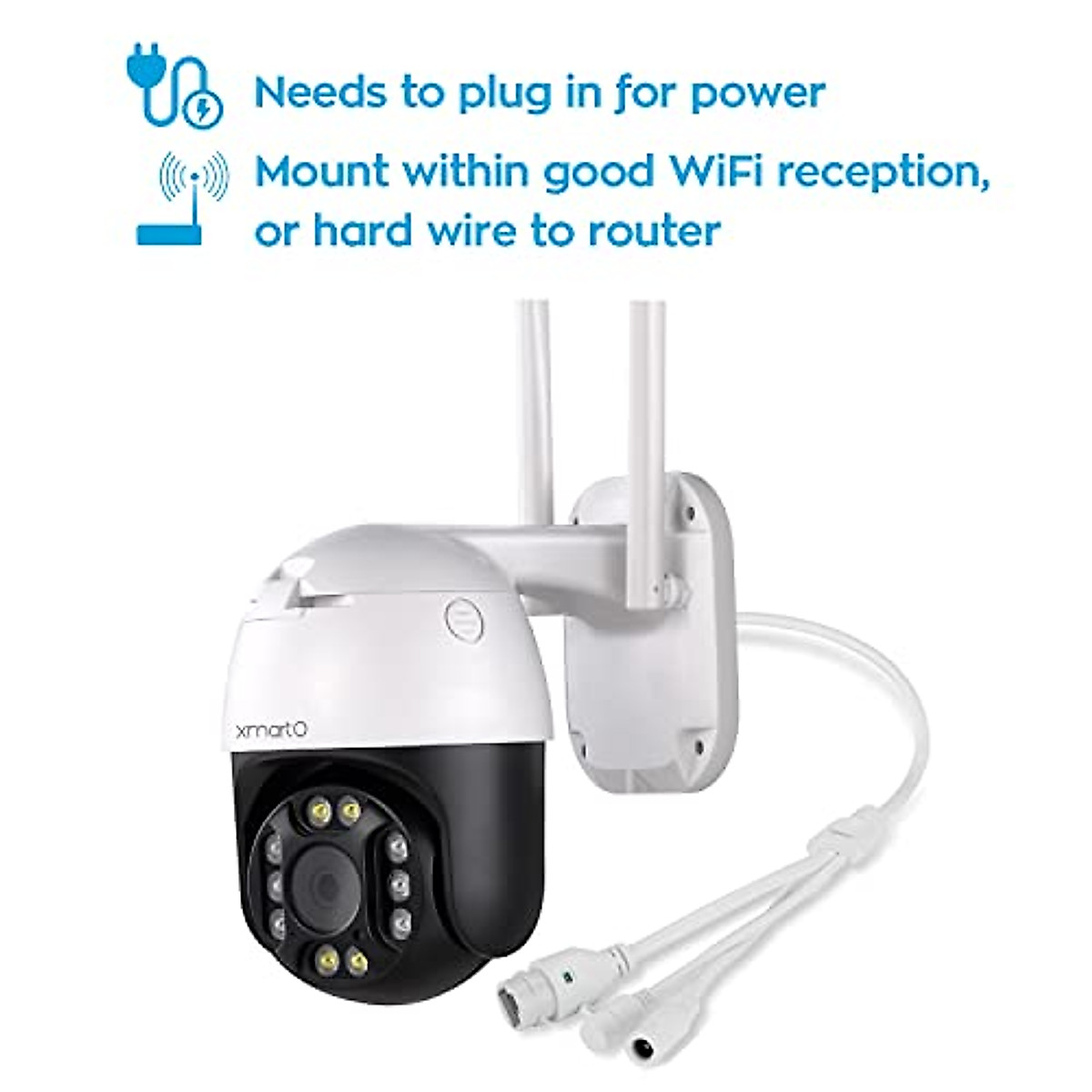 xmartO 2K Auto-Track Rotation Wireless Security Camera WiFi AC Powered, 2-Way Audio, Auto Flood Lights Color Night Vision, Auto Siren, IP66, SD Card, NVR and Cloud Storage (DT3034, Works with Alexa)