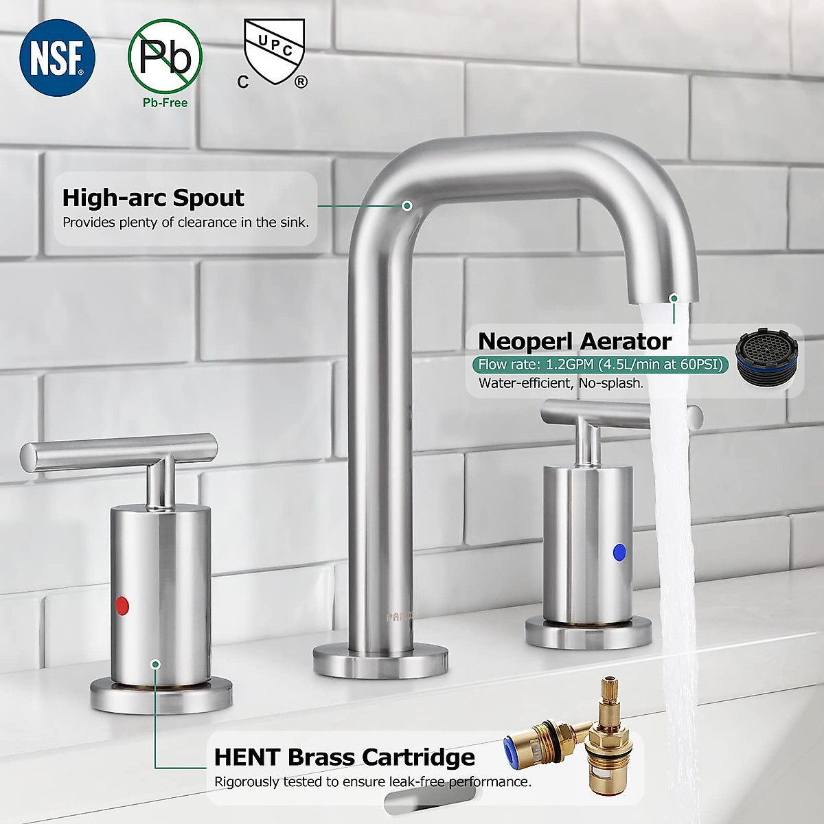 PARLOS Brushed Nickel 8 inch Widespread Bathroom Sink Faucet 3 Hole Vanity Faucet with cUPC Faucet Supply Lines, 1.2GPM