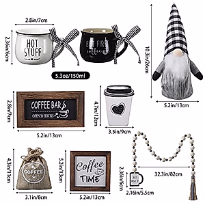 8 Pieces Coffee Bar Decor Sign Farmhouse Tiered Tray Decors,Coffee Wooden Sign Mini Coffee Mug Wooden Beads Garland for RusticTiered Tray Kitchen Table Decoration