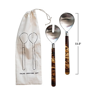 Creative Co-Op Stainless Steel Marbled Resin Handles, Set of 2 Styles Salad Servers, Brown