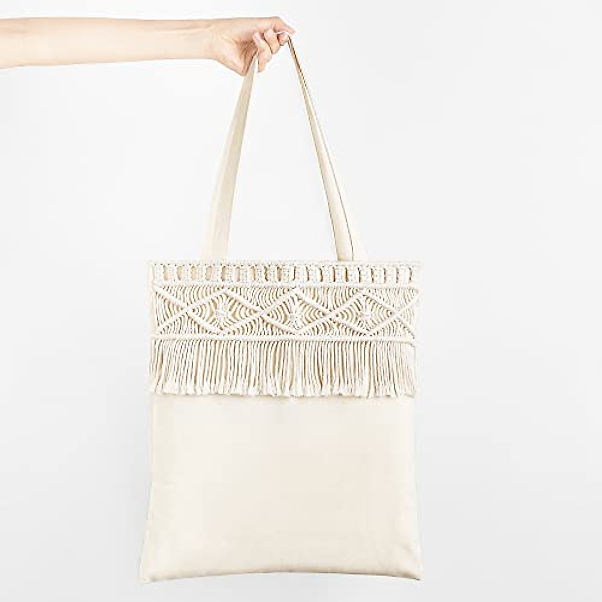Mkono Canvas Tote bag for Women Boho Aesthetic Shoulder Handbag with Macrame Fringe Reusable Shopping Bag Lightweight Unique Gift Bag Cute Tote Bag for School Work Beach Travel Wedding Holiday