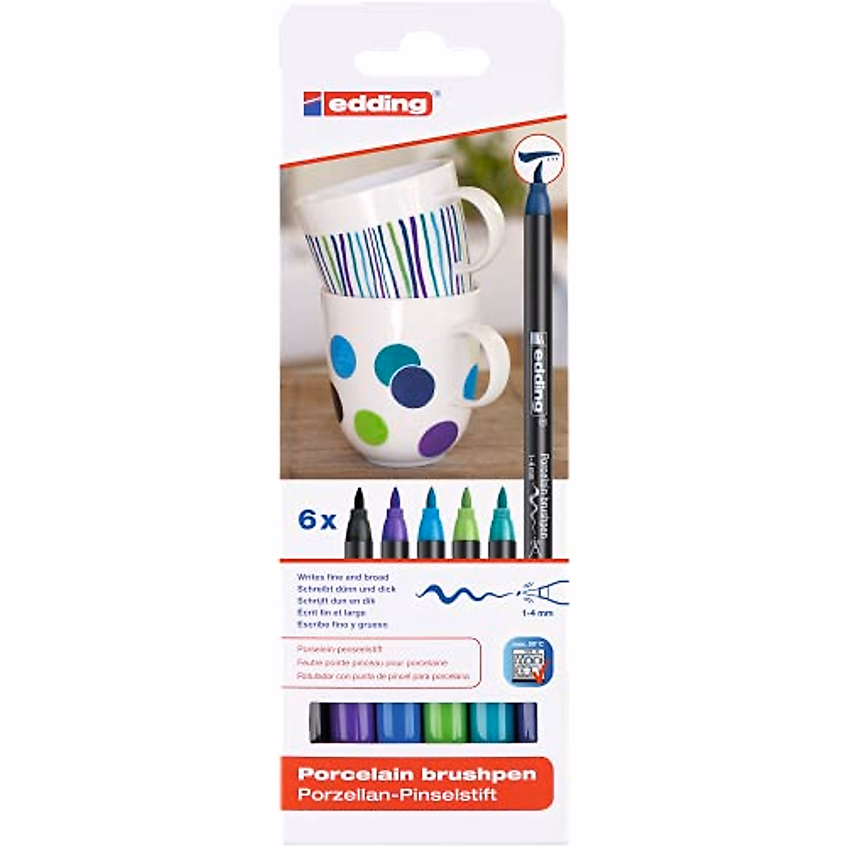 edding 4200 porcelain brush pen - black, violet, 3x blue, green, - 6 pens - brush nib 1-4 mm - painting and decorating ceramics, porcelain - dishwasher-safe, lightfast ink, quick-drying - felt-nib pen