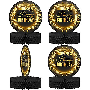 Happy Birthday Table Decoration Centerpieces - (4 Pack, Black & Rose Gold), Double-Sided Happy Birthday Centerpieces for Tables - Party Supplies for Elegant Birthday Decorations by PixiPy