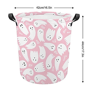 HoaMoya Collapsible Pink Cute Ghost Laundry Basket Freestanding Laundry Hamper With Handles Large Waterproof Cloth Toy Storage Bin for Household Bedroom Bathroom