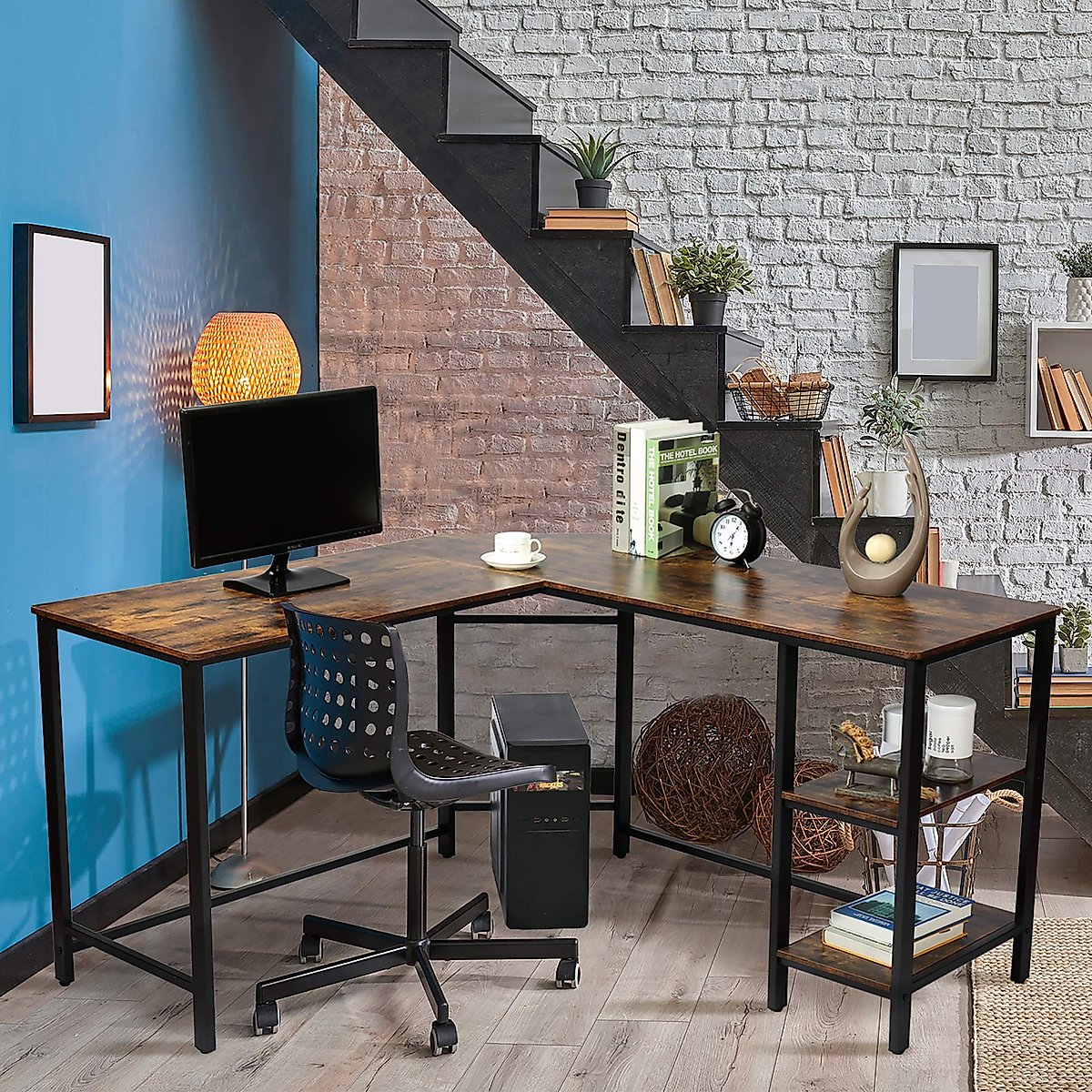 Home Office Computer Desk,Office Table with PC Droller, Storage Shelves,Two Drawers, CPU Tray and Pull-Out Keyboard Tray,Study Writing Desk,Computer Workstation (L Shaped Corner Computer Desk)
