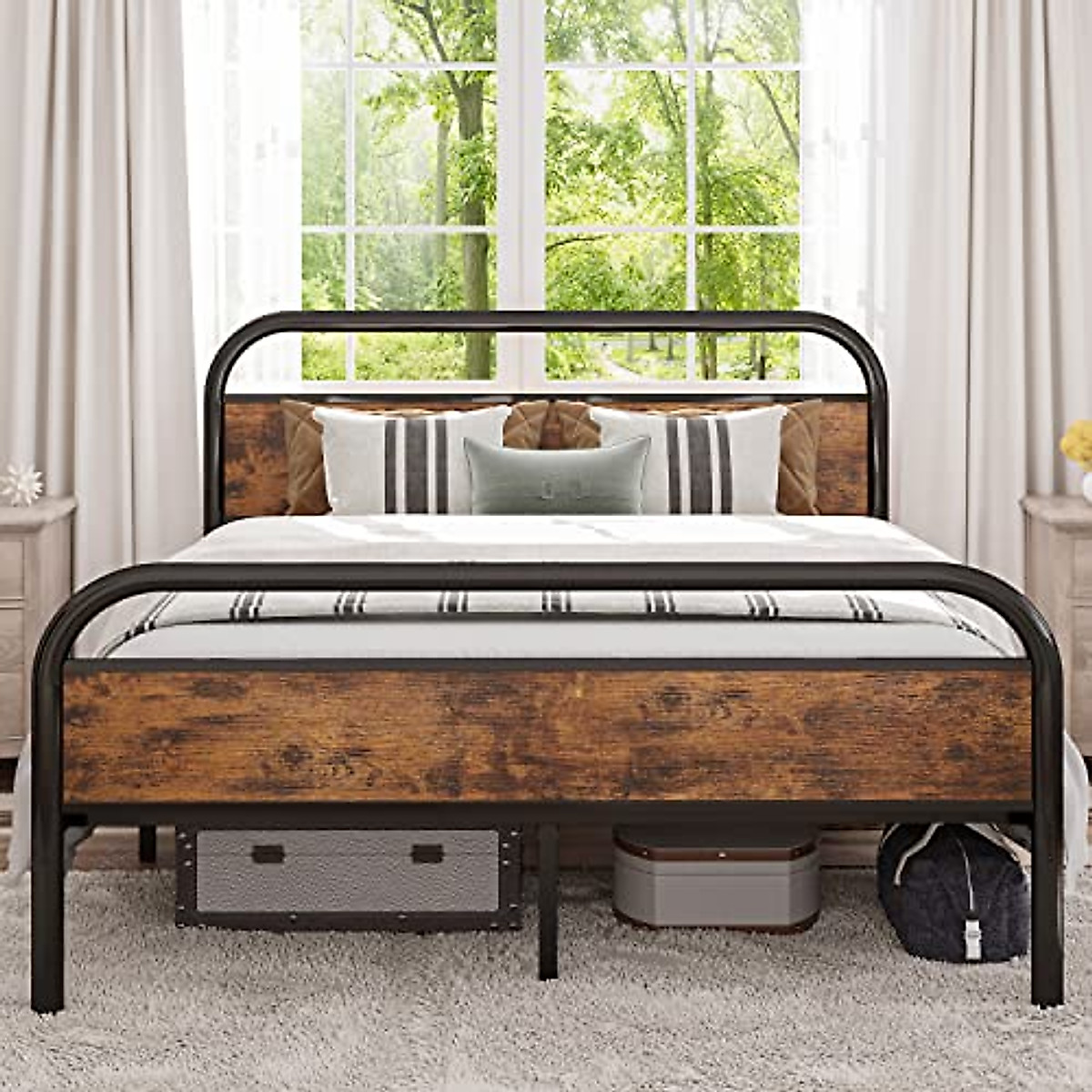 IRONCK Queen Bed Frame with Headboard, Platform Bed 12" Under Bed Storage Wood and Metal, No Box Spring Needed Easy Assembly