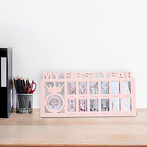 CHICIRIS Newborn Baby First Year Picture Frame with 12 Month Slots, Baby Monthly Collage Keepsake Frame for Photo Memories, White(pink)