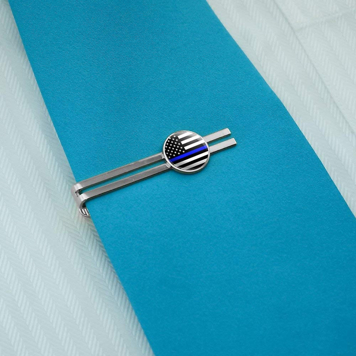 Thin Blue Line American Flag Round Tie Bar Clip Clasp Tack Silver Color Plated