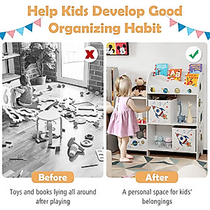 Costzon Toy and Book Organizer for Kids, Wooden Storage Display Cabinet Bookshelf w/5 Open Shelves, 2 Storage Boxes and 3 Slots, Kids Storage Unit for Playroom, Classroom, Living Room (Rocket)