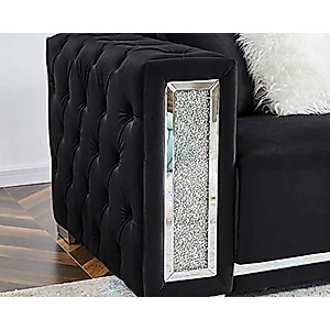 Melpomene Black Velvet Loveseat Sofa,Handmade Button Tufted Square Arm withFaux Diamonds, Mirrored Trim,Silver Metal Legs