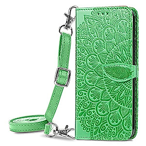 ONV Wallet Case for Oppo Reno 7 SE -1.5M Adjustable Strap Emboss Feather Flip Phone Case Card Slot Magnet Leather Shell Flip Stand Cover for Oppo Reno 7 SE [MZY] -Green