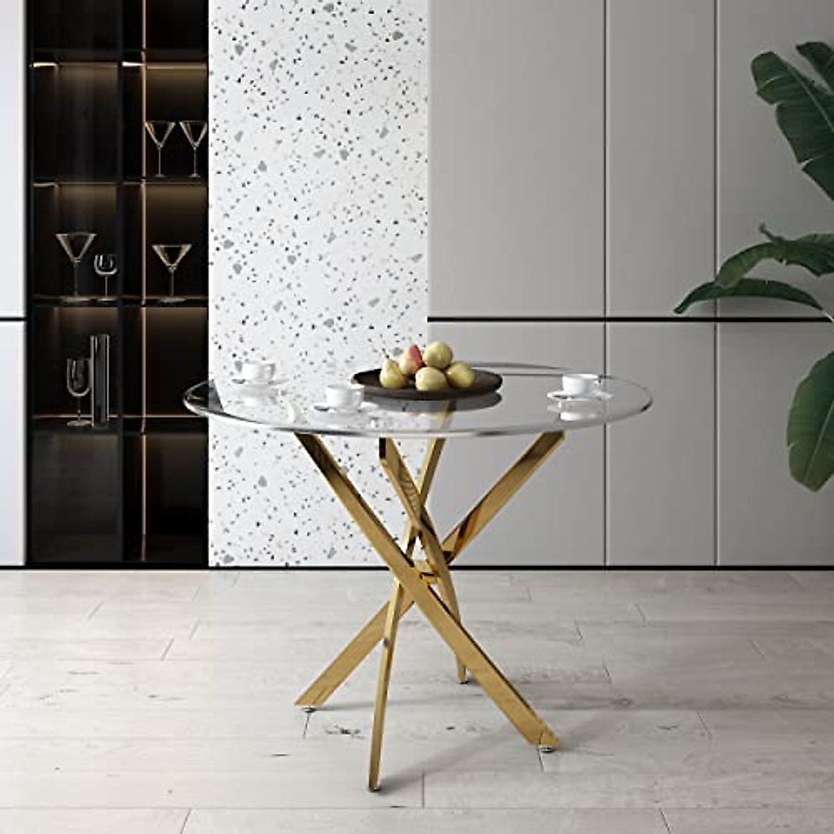 Binrrio 39" Round Dining Table, Modern Clear Beveled Edges Glass Top for 4 with Adjustable Stainless Steel Legs for Home Office Kitchen Dining Room (Gold)