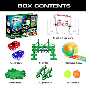 USA Toyz Glow in The Dark Car Race Tracks for Kids- Speedway Race Car Track Set with 360pk Rainbow Flexible Roads, 2 Light Up Toy Cars, Bridges, Ramps, STEM Building Toys for Boys and Girls Ages 3+