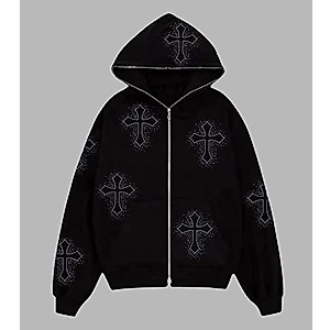Easyoyo Men Women Skeleton Gothic Diamond Glitter Y2K E-Girl Oversize Full Zipper Hooded Sweatshirt Jacket