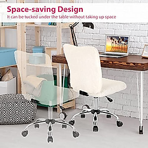 Giantex Faux Fur Office Chair, Armless Home Desk Chair, Height Adjustable Swivel Cute Chair, Middle Back Chair w/Chrome Base, Modern Fuzzy Vanity Chair, Rolling Task Chair for Study Bedroom (Ivory)