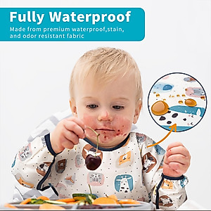 3 Pcs Long Sleeved Bib Set | Baby Waterproof Bibs with Pocket Bundle| Toddler Bib with Sleeves and Crumb Catcher |Stain and Odor Resistance Play Smock Apron - Pack of 3 | 6-24 Months