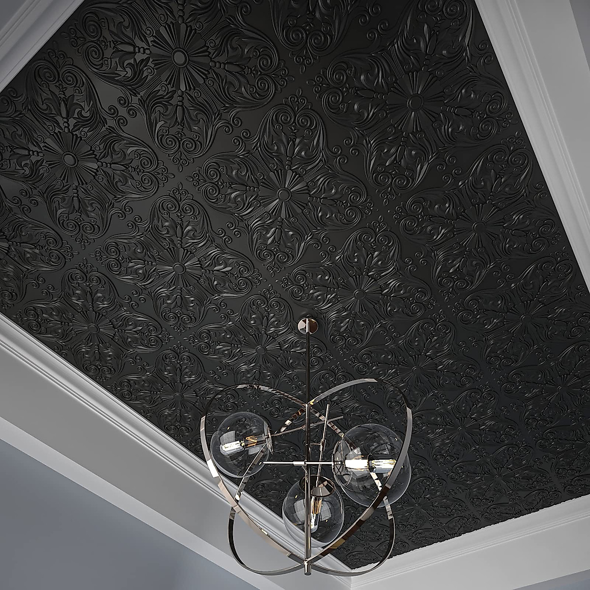 Art3d Decorative Ceiling Tile 2x2 Glue up, Lay in Ceiling Tile 24x24 Pack of 12pcs Spanish Floral in Black