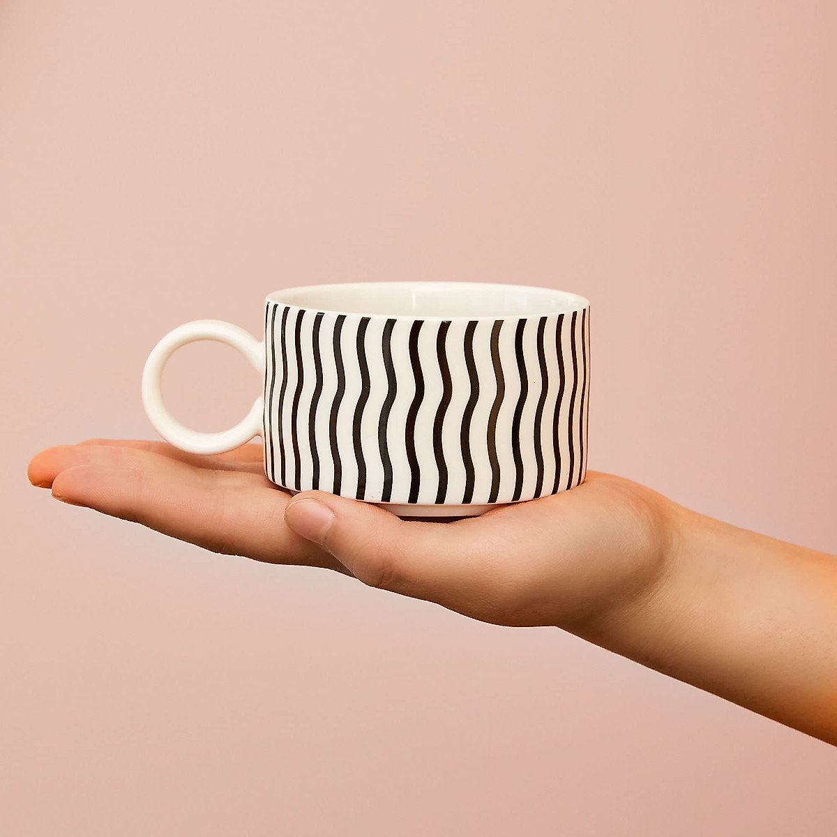 SUPERLY Stackable Espresso Cups Set of 4 - Espresso Mugs with Wooden Saucers, Metal Stand - Durable Porcelain Espresso Cup - Easy To Clean, Dishwasher-Safe - Modern Coffee, Latte, Tea Mug Set - 6 Oz