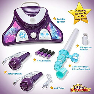 Little Pretender Kids Karaoke Machine with 2 Microphones & Adjustable Stand, Music Sing Along with Flashing Stage Lights and Pedals for Fun Musical Effects